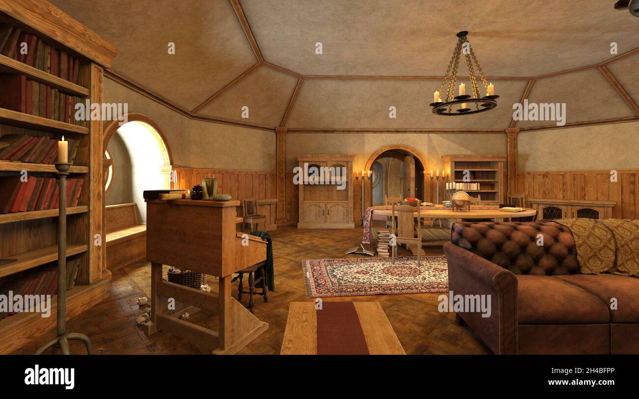 3D illustration old library vintage interior Stock Photo - Alamy
