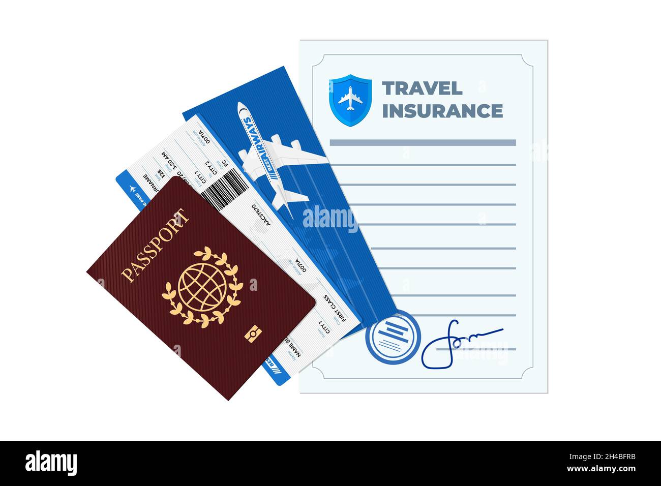 Travel insurance policy with passport, flight ticket and boarding pass ...