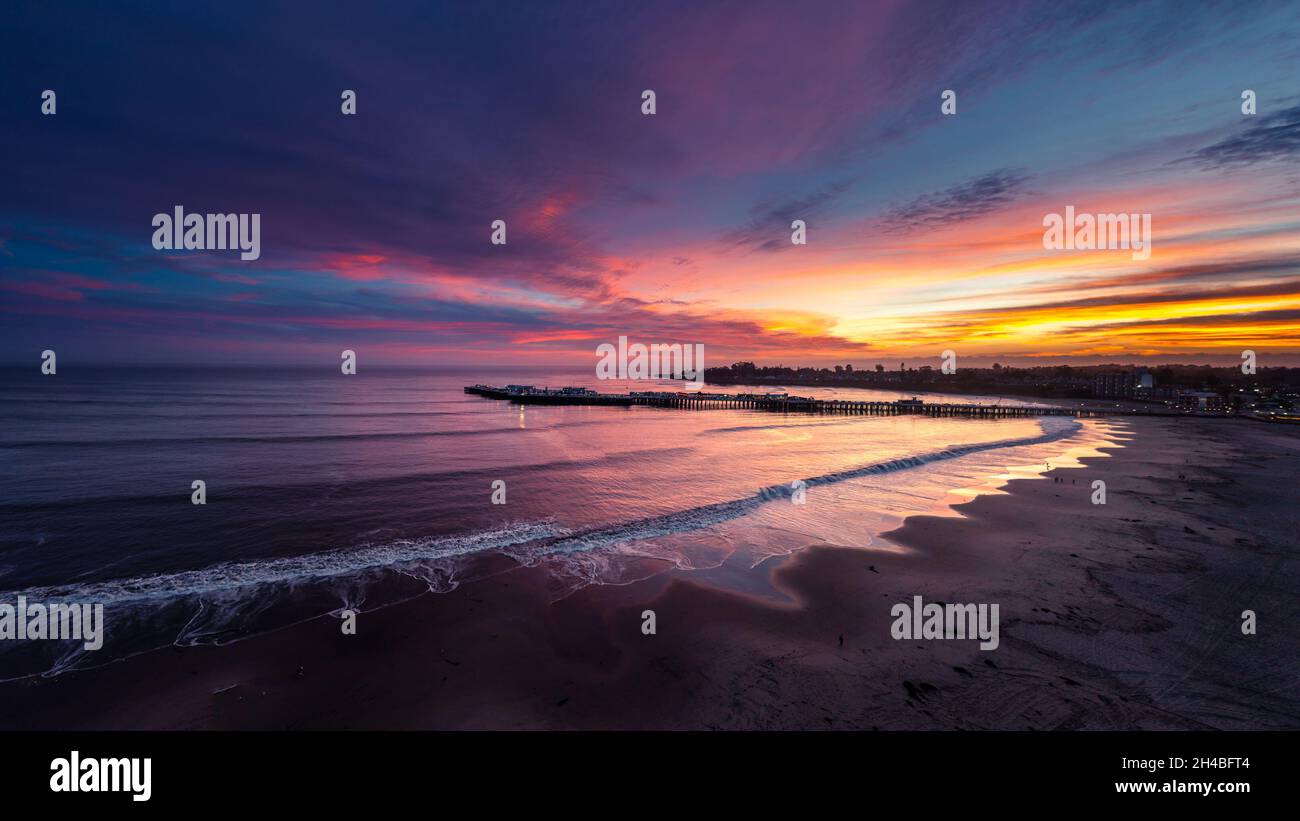 Santa Cruz Wharf Pier Aerial View with Colorful Sunset, California ...