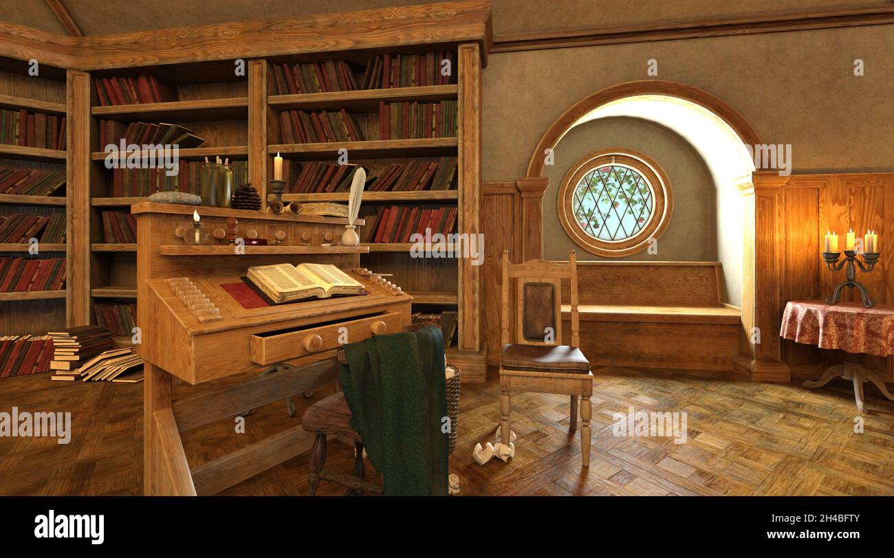 3D illustration old library vintage interior Stock Photo - Alamy