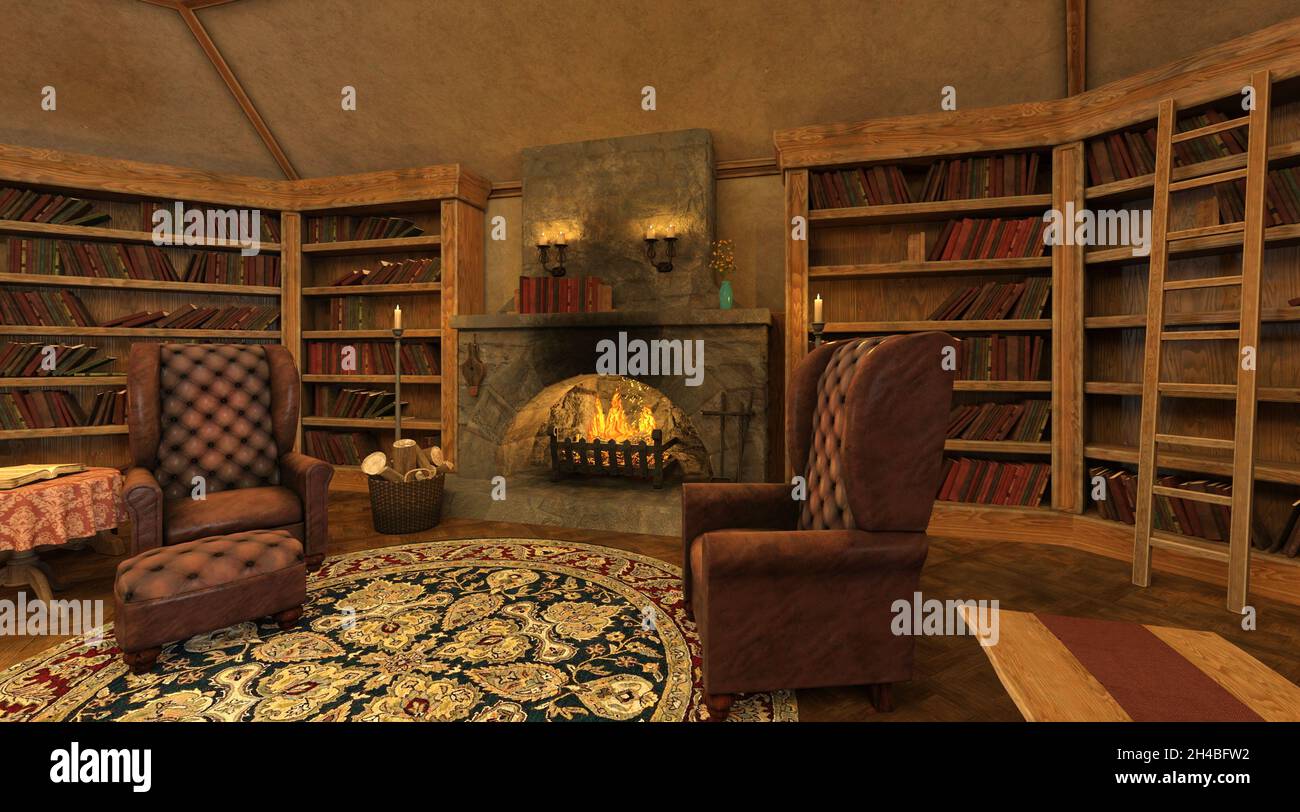 3D illustration old library vintage interior Stock Photo - Alamy