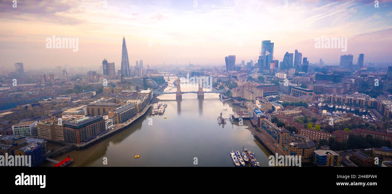 Aerial panoramic cityscape view of London and the River Thames, England ...