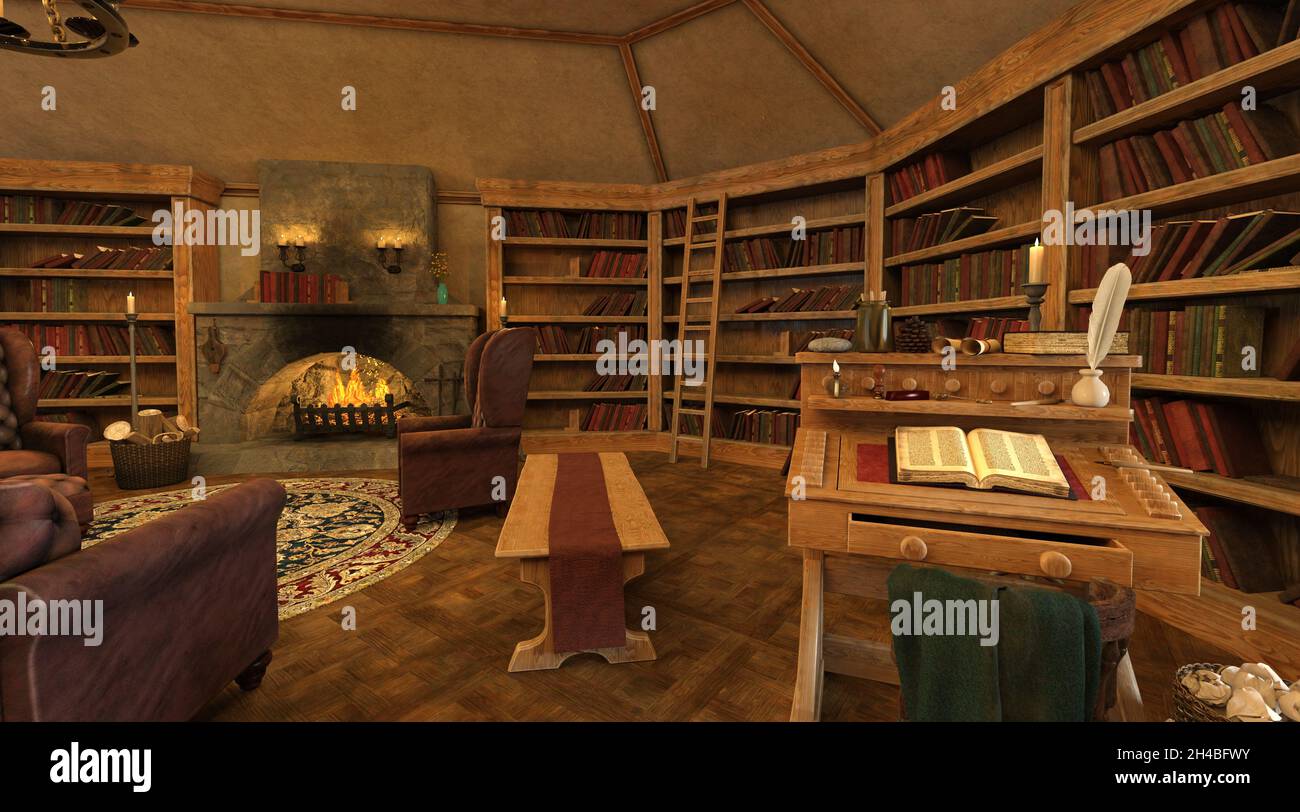 3D illustration old library vintage interior Stock Photo - Alamy