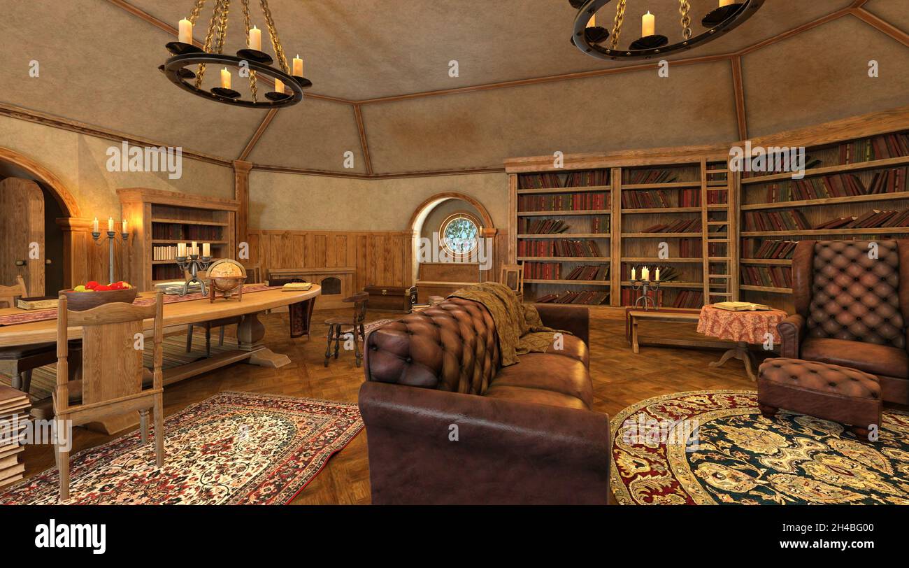3D illustration old library vintage interior Stock Photo - Alamy