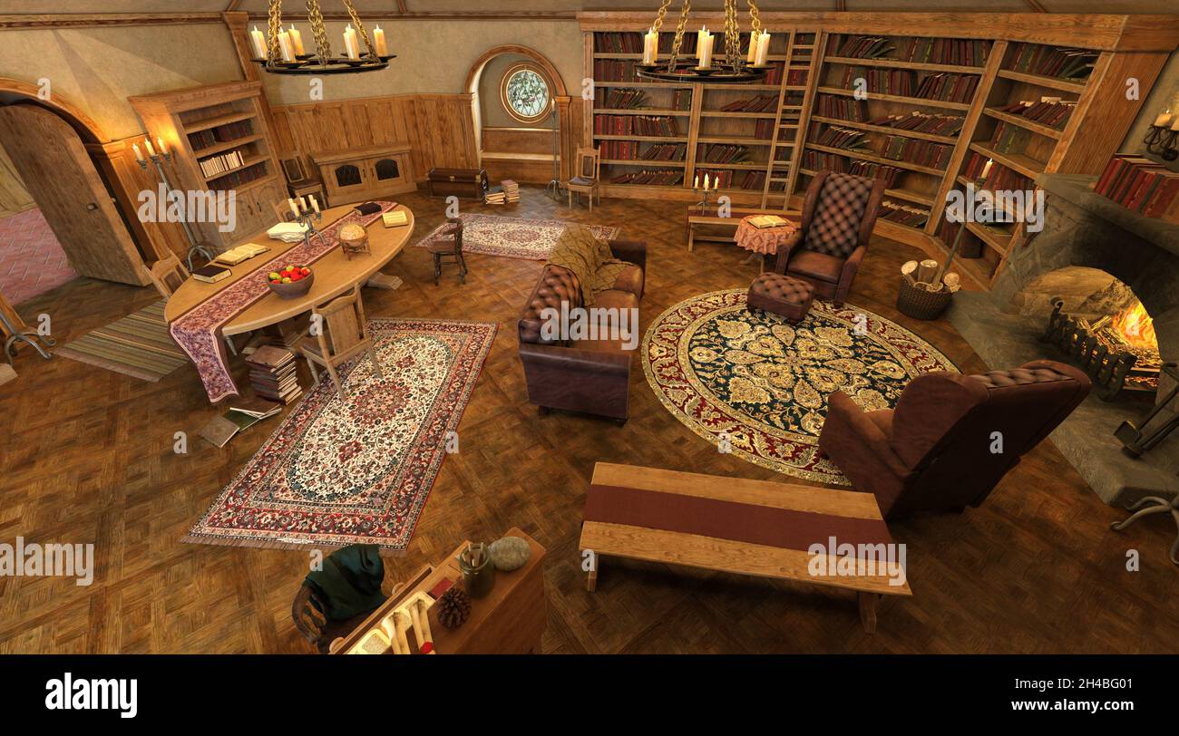 3D illustration old library vintage interior Stock Photo - Alamy