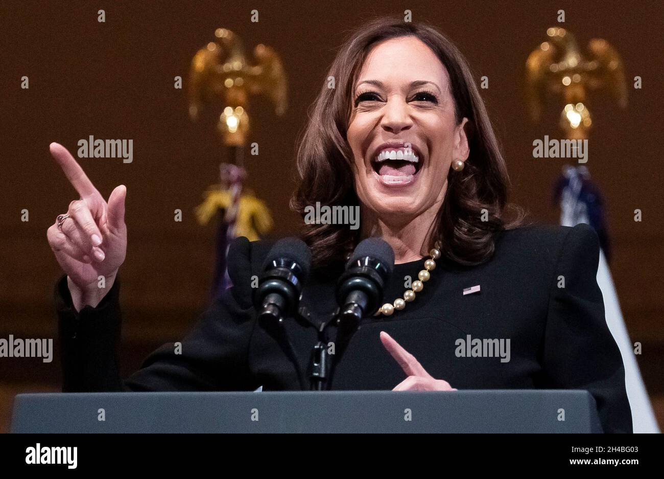 U.S. Vice President Kamala Harris smiles as she addresses an event ...