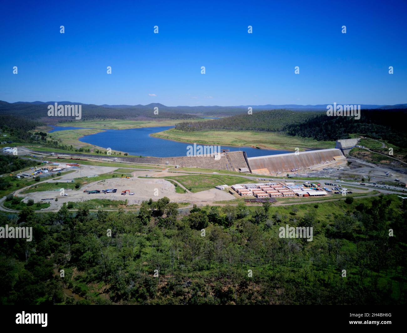Aerial of repairs to damaged wall of Paradise Dam on the Burnett River ...