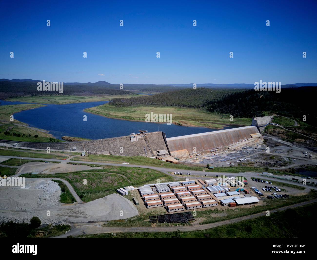 Aerial of repairs to damaged wall of Paradise Dam on the Burnett River ...