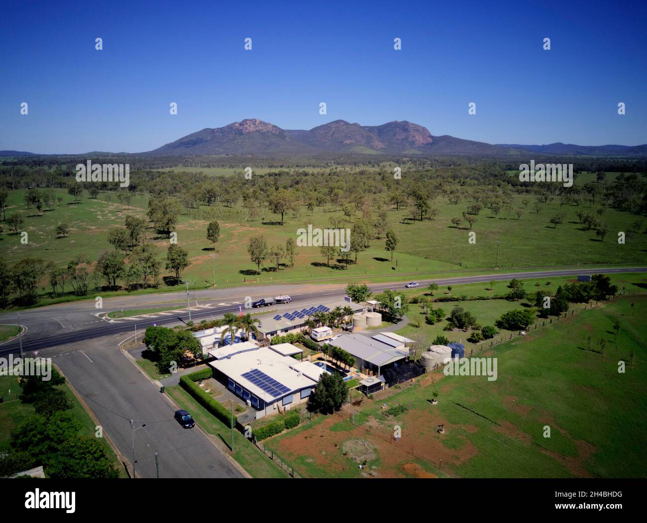 Aerial of Biggenden Motel on the Isis Highway with Mt Walsh in the ...