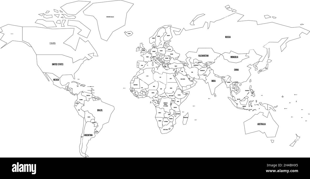 Simplified vector map of World. Thin black outline on white background ...