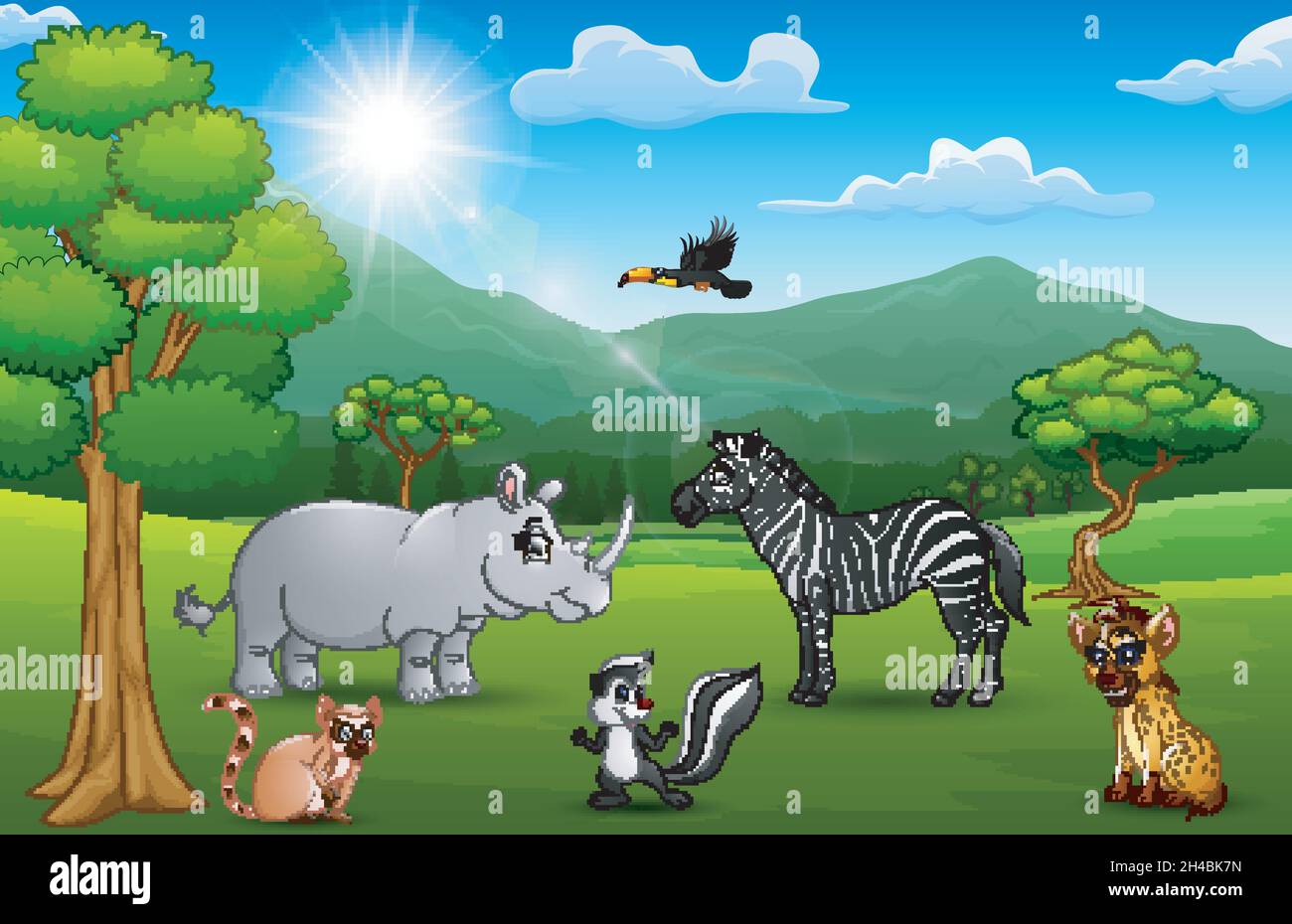 Cartoon wild animal in the jungle with a mountain background Stock ...
