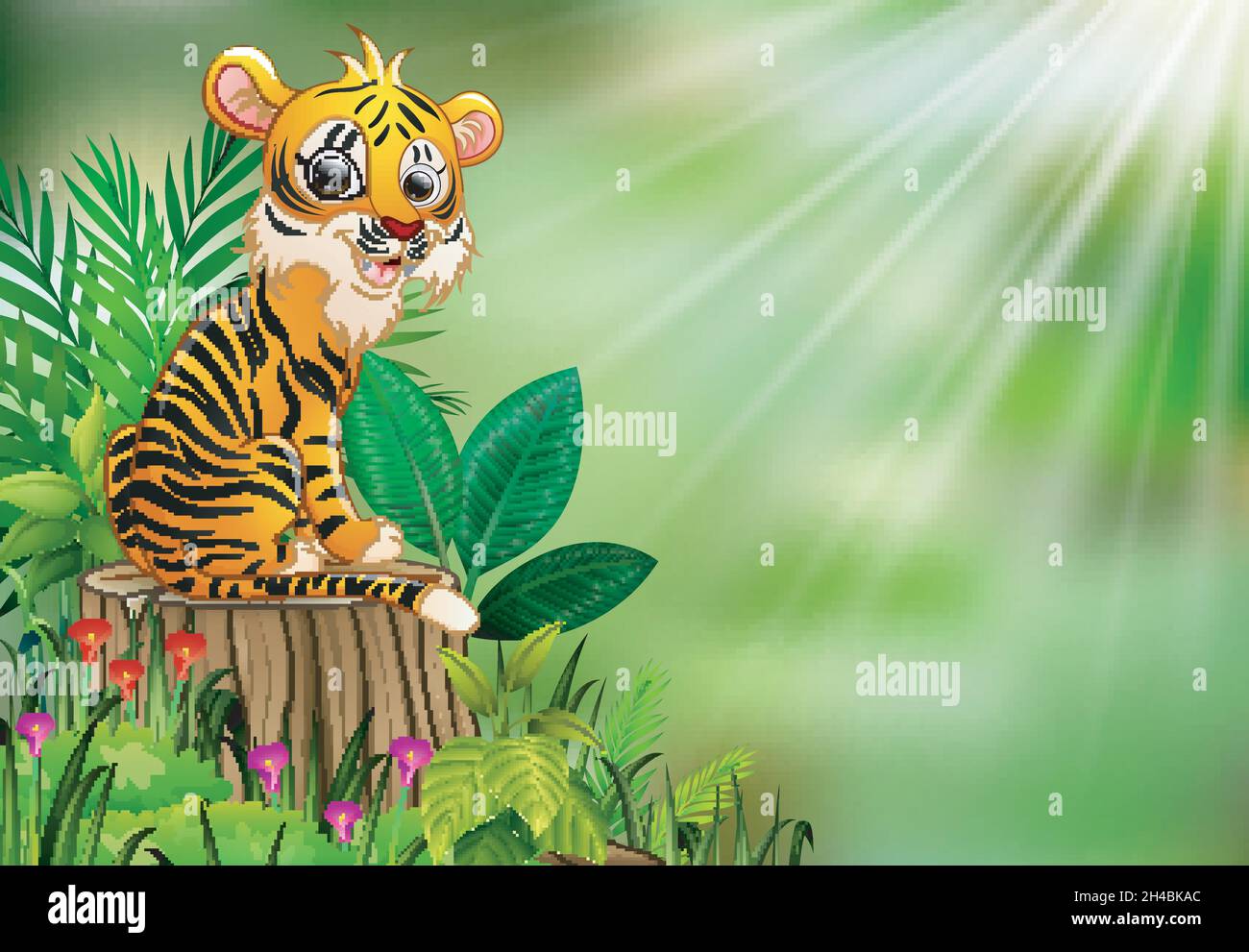 Cartoon of tiger on tree stump with green leaves and flowering plant ...
