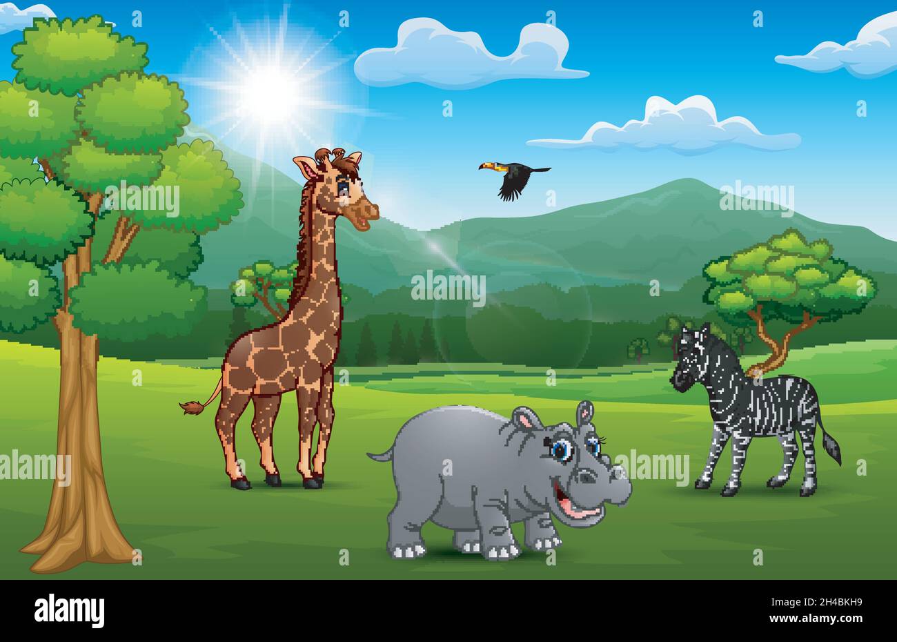 Cartoon wild animal in the jungle with a mountain background Stock ...