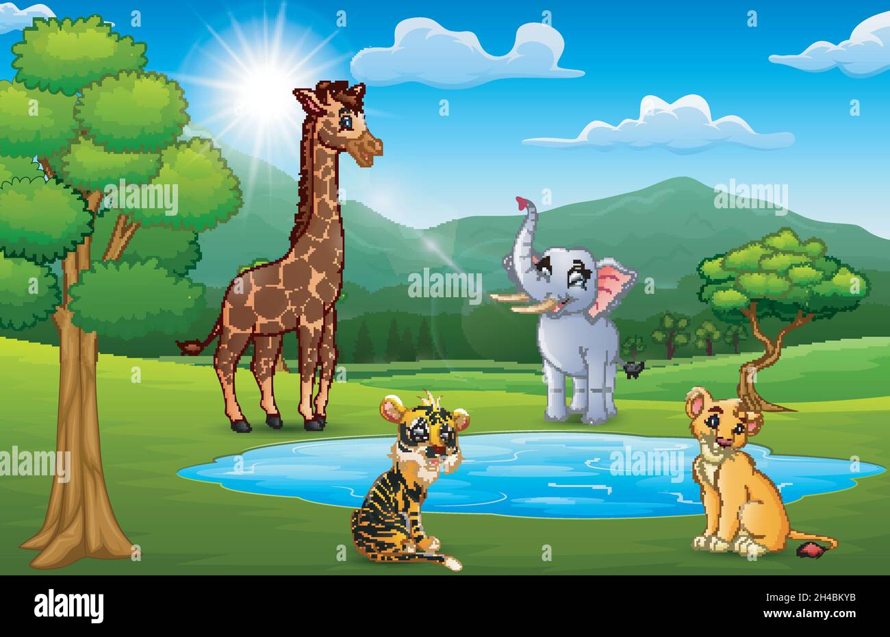 Happy animals playing next to small ponds with mountain scenery Stock ...