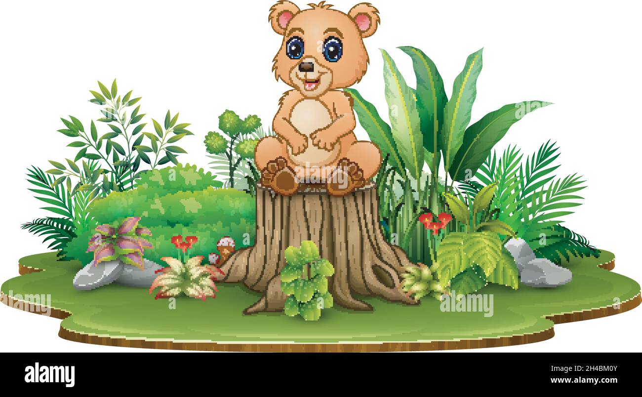 Cartoon happy bear sitting on tree stump with green plant Stock Vector ...