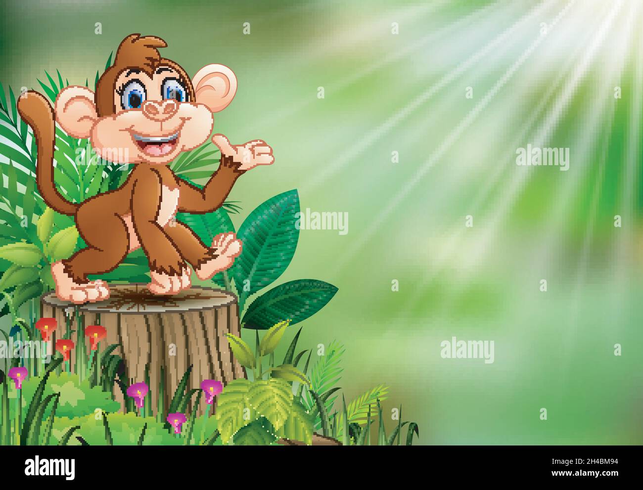Cartoon happy monkey on tree stump with green plants Stock Vector Image ...