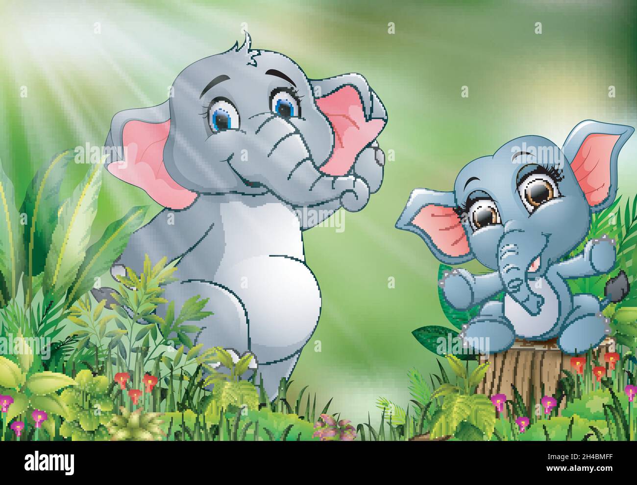 Cartoon of the nature scene with elephant playing together Stock Vector ...