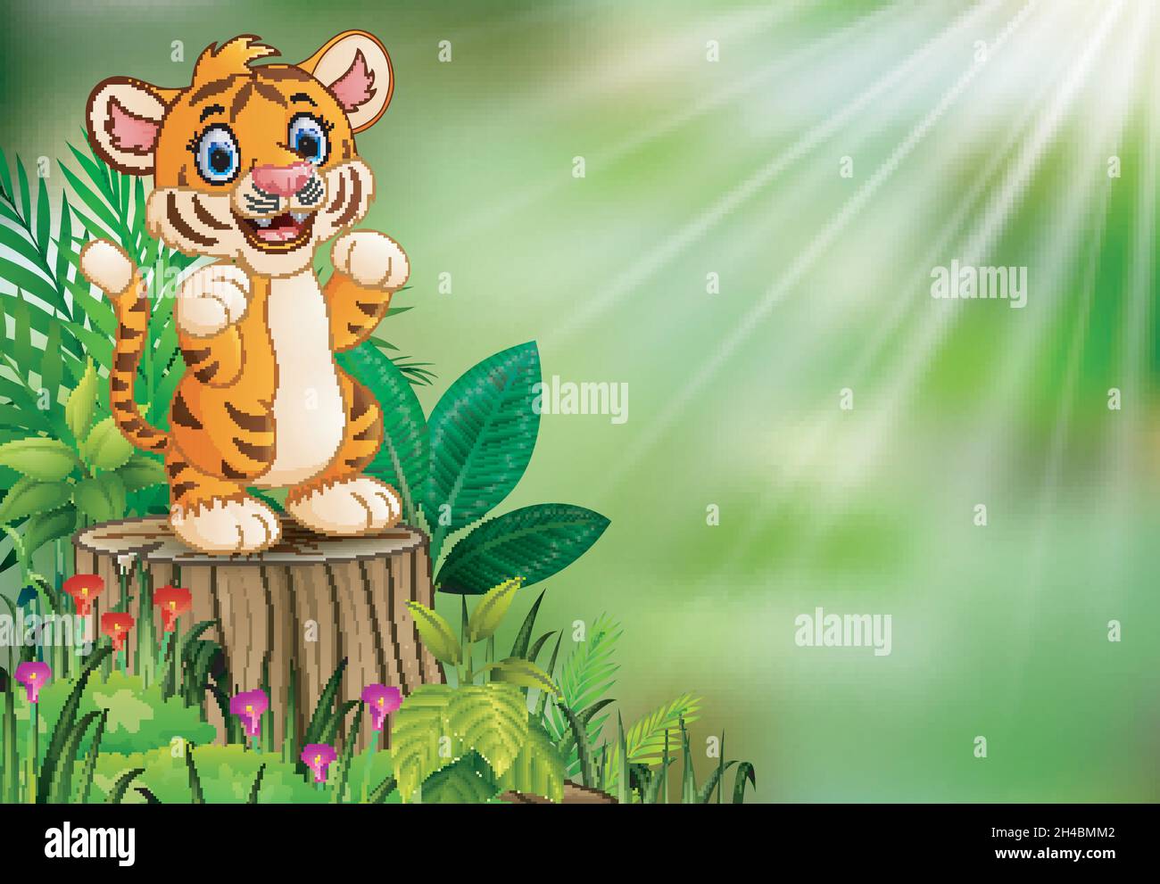 Cartoon of tiger on tree stump with green leaves and flowering plant ...