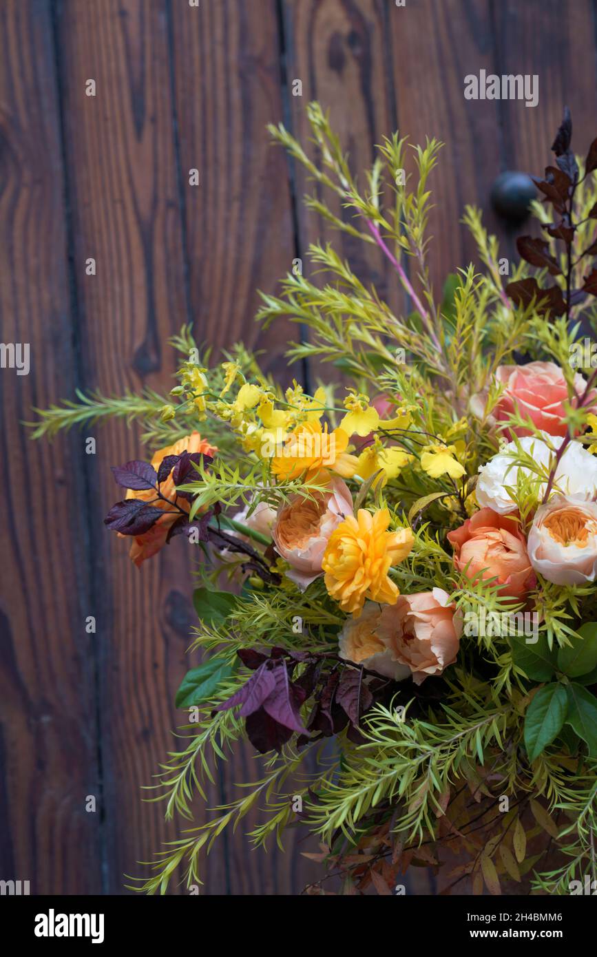Creative layout of flowers and leaves. The concept of nature. A card ...