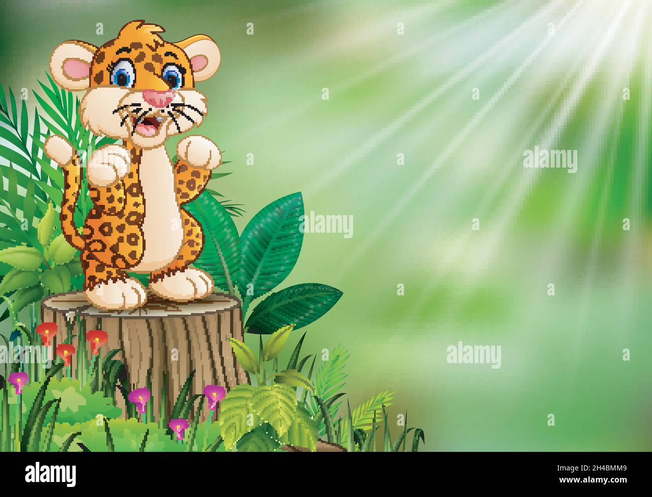 Cartoon happy leopard on tree stump with green plants Stock Vector ...