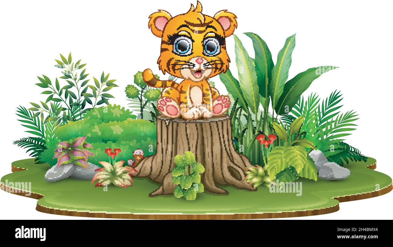 Cartoon happy baby tiger sitting on tree stump with green plants Stock ...