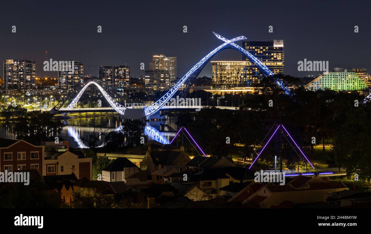 A night photo of the matagarup bridge located on the swan river in ...