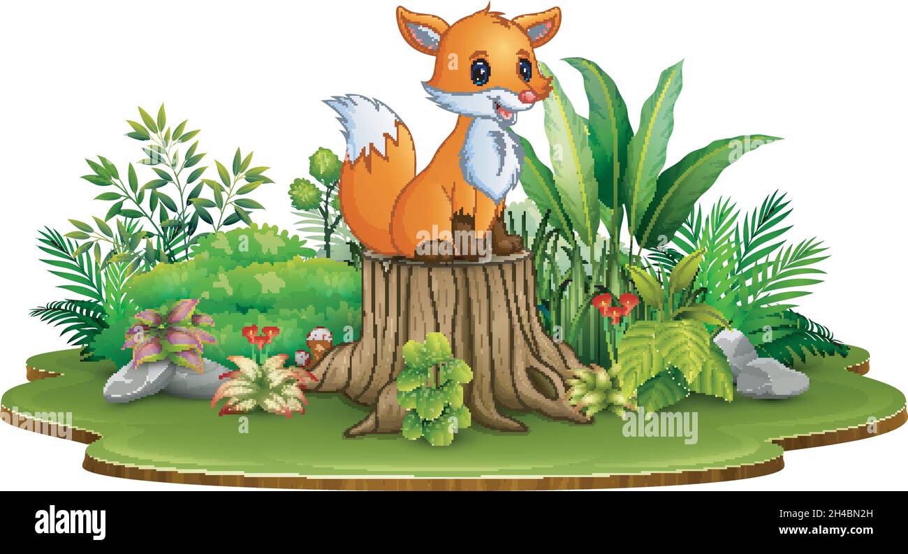 Cartoon happy fox sitting on tree stump with green plants Stock Vector ...