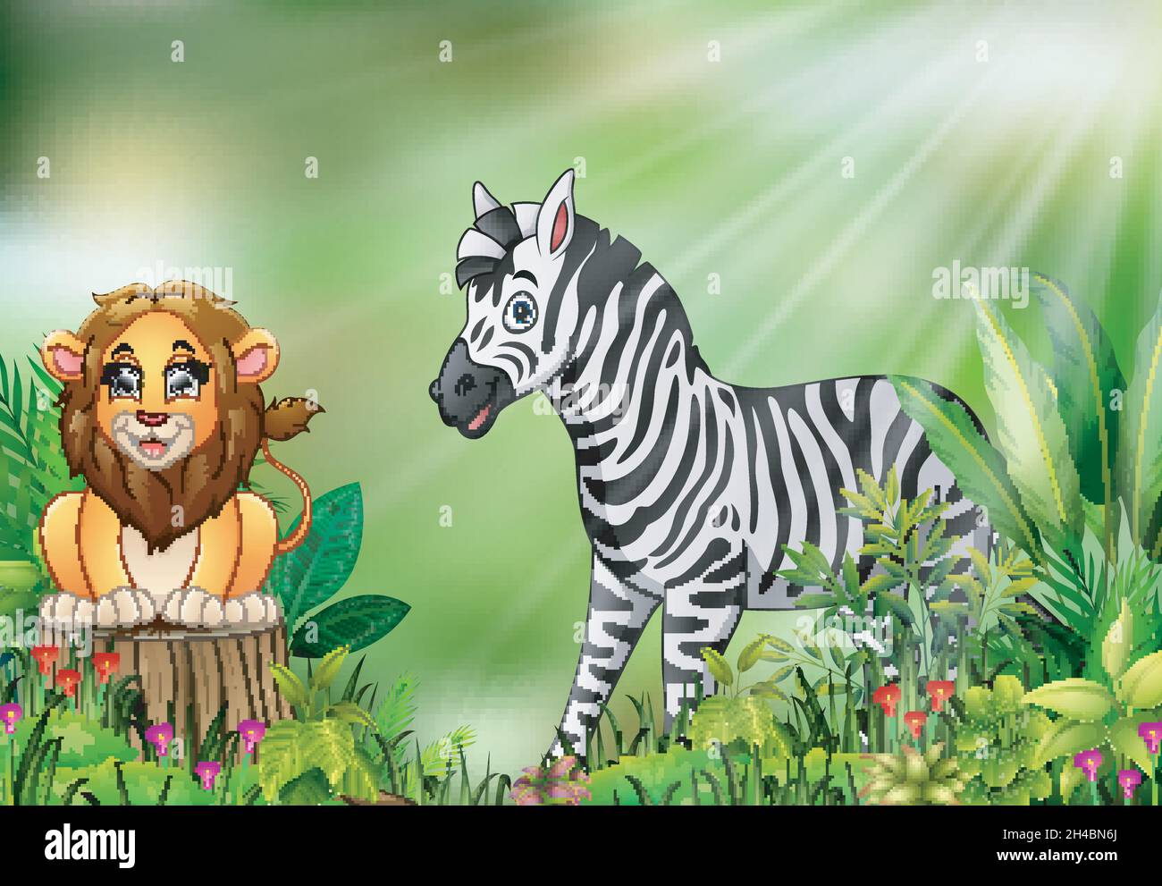 Cartoon of the nature scene with a lion sitting on tree stump and zebra ...