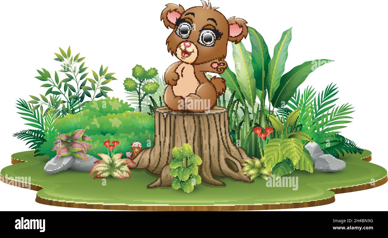 Cartoon happy bear sitting on tree stump with green plant Stock Vector ...