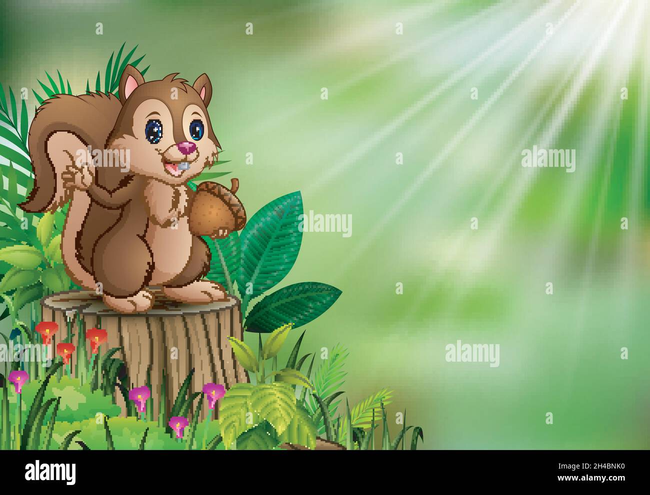 Cartoon funny squirrel holding pine cone and standing on tree stump with green plants Stock ...