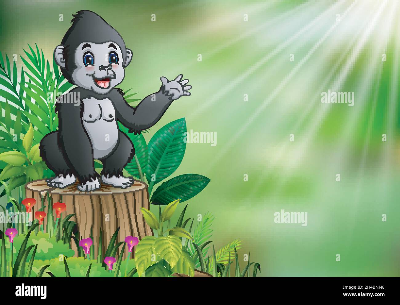 Cute of baby gorilla standing on tree stump with green plants Stock ...