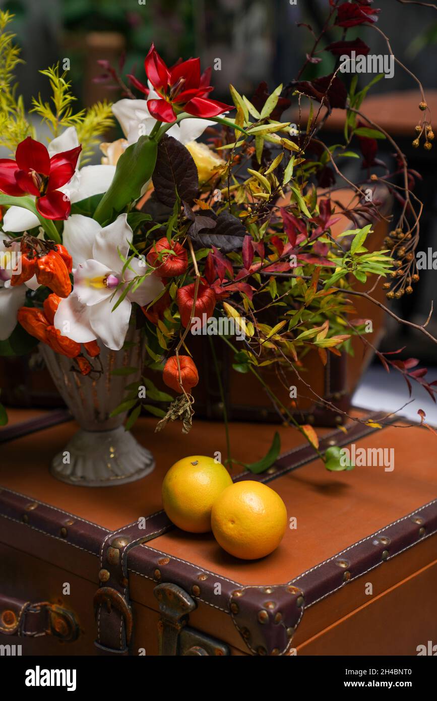 Creative layout of flowers and leaves. The concept of nature. A card with flowers. Colorful ...