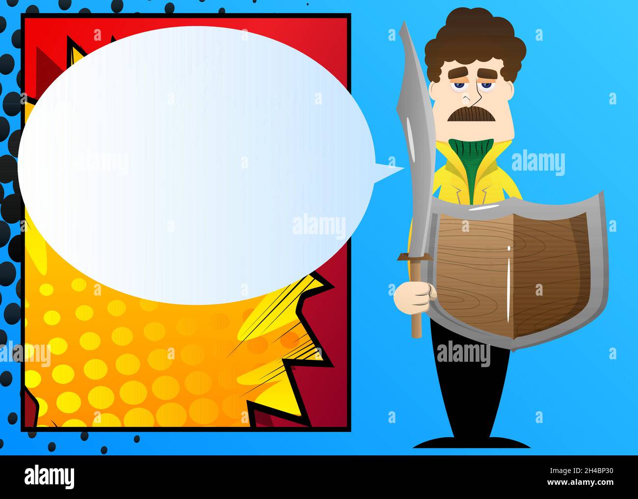 Funny cartoon man dressed for winter holding a sword and shield. Vector ...