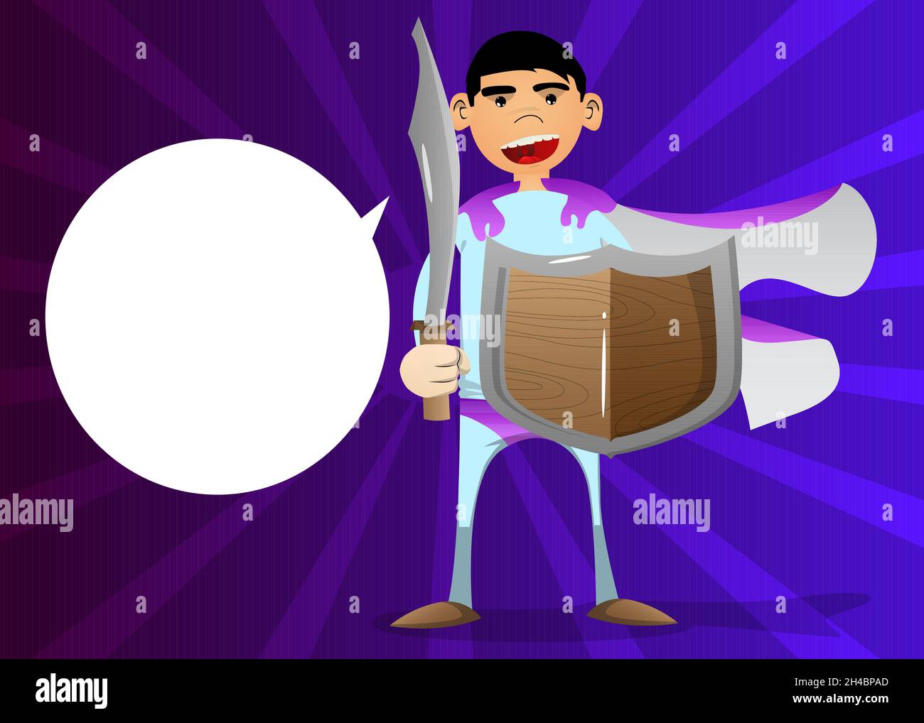 Funny cartoon man dressed as a superhero holding a sword and shield ...