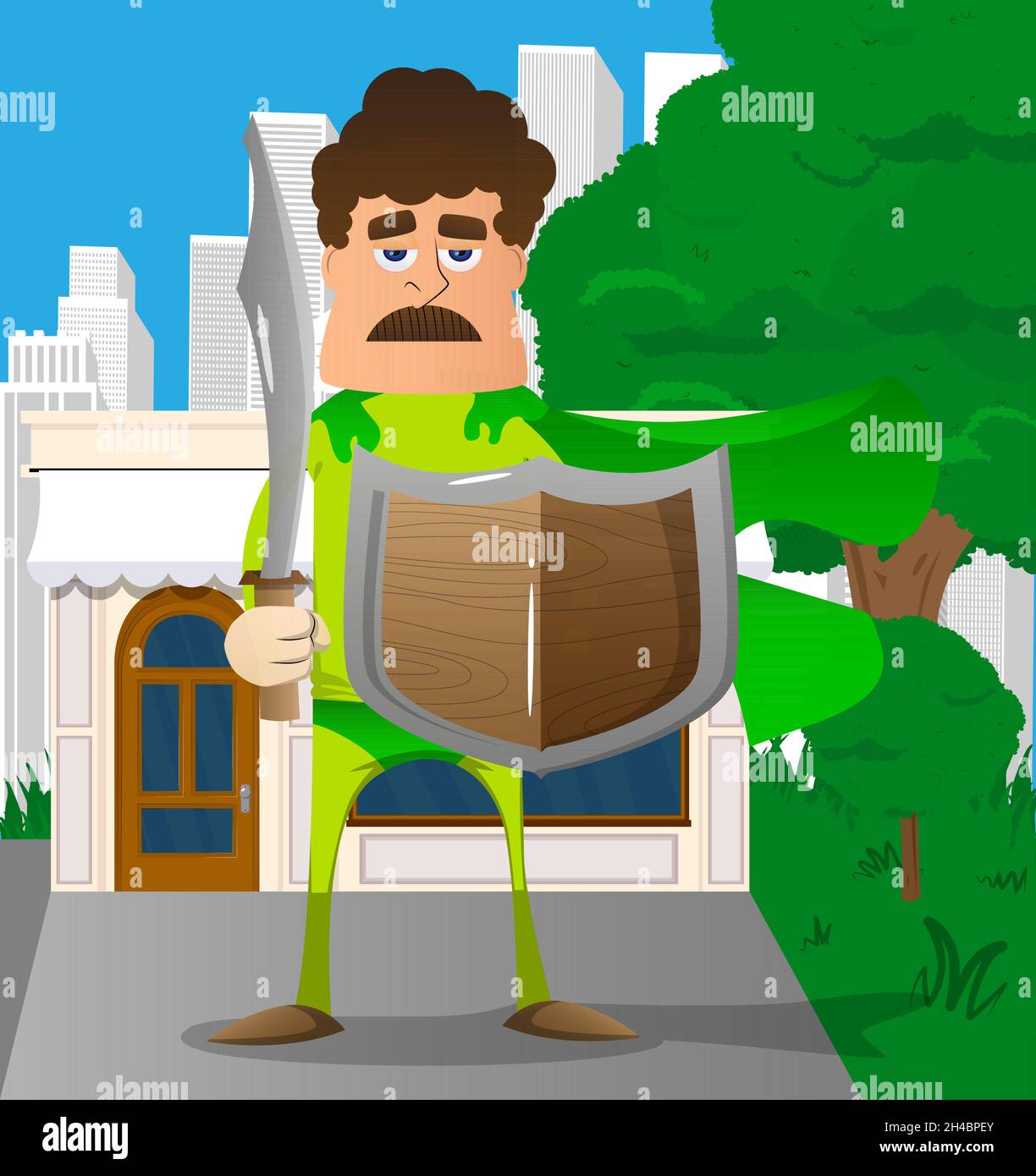 Funny cartoon man dressed as a superhero holding a sword and shield ...