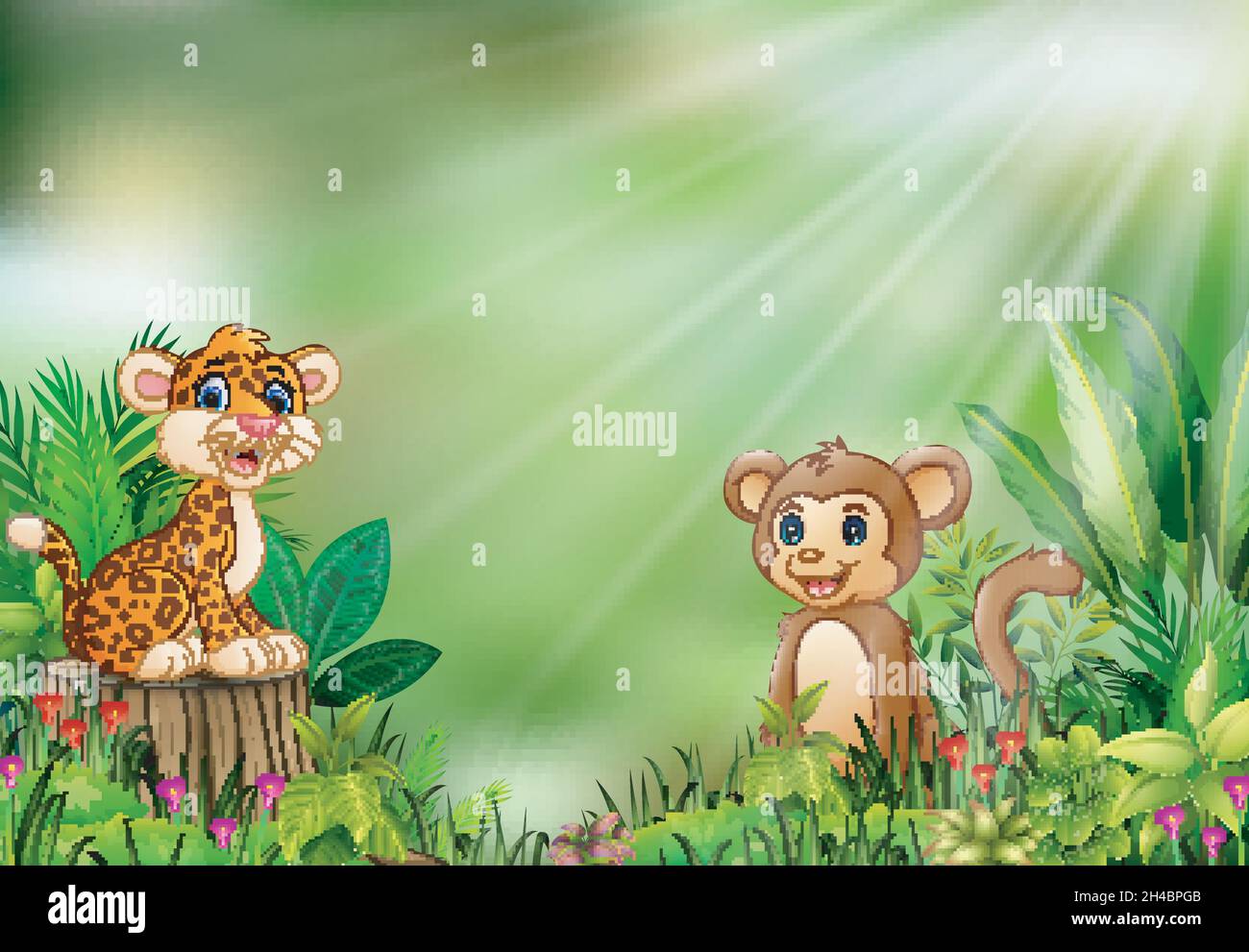 Cartoon of the nature scene with a baby leopard sitting on tree stump ...