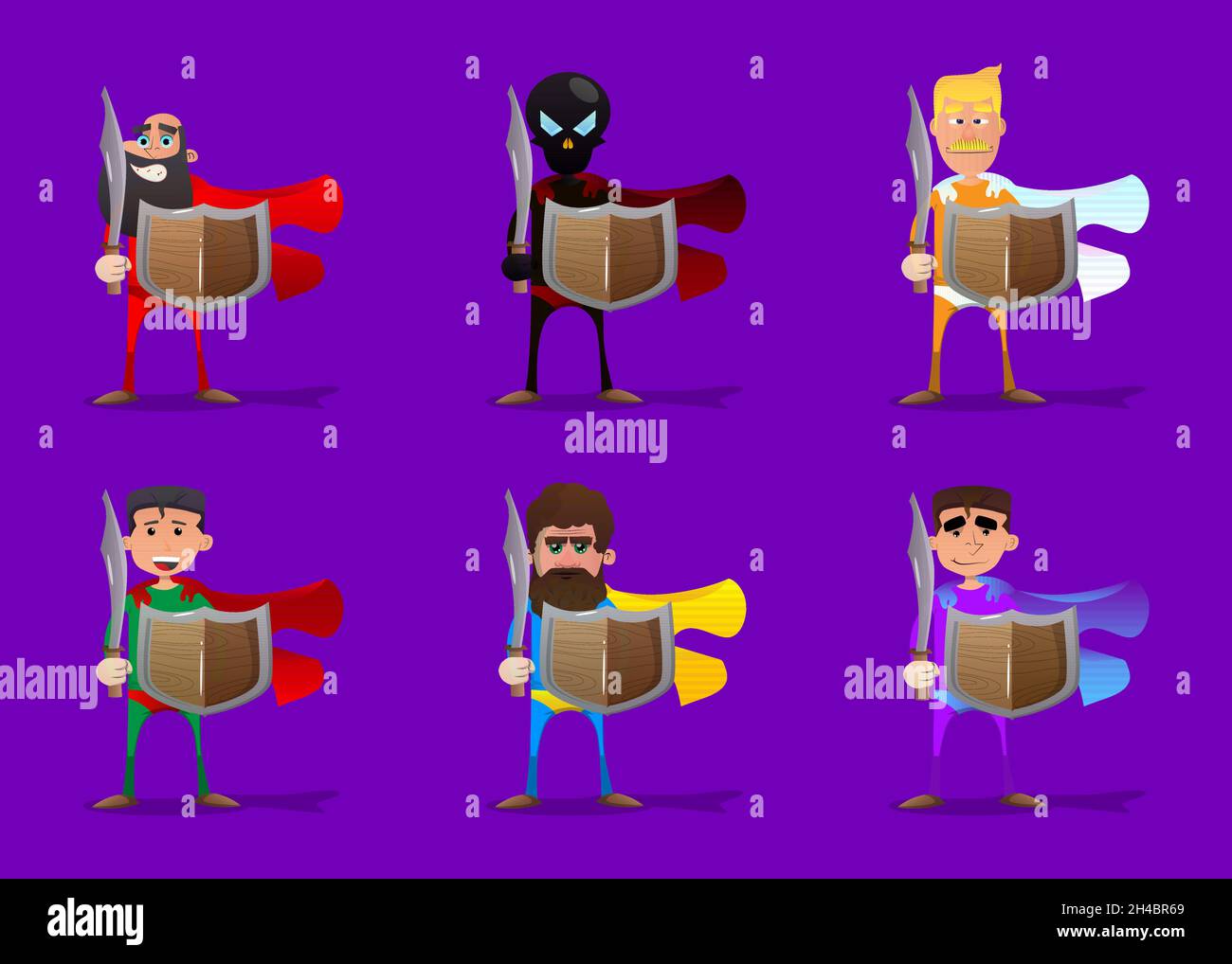 Funny cartoon man dressed as a superhero holding a sword and shield ...