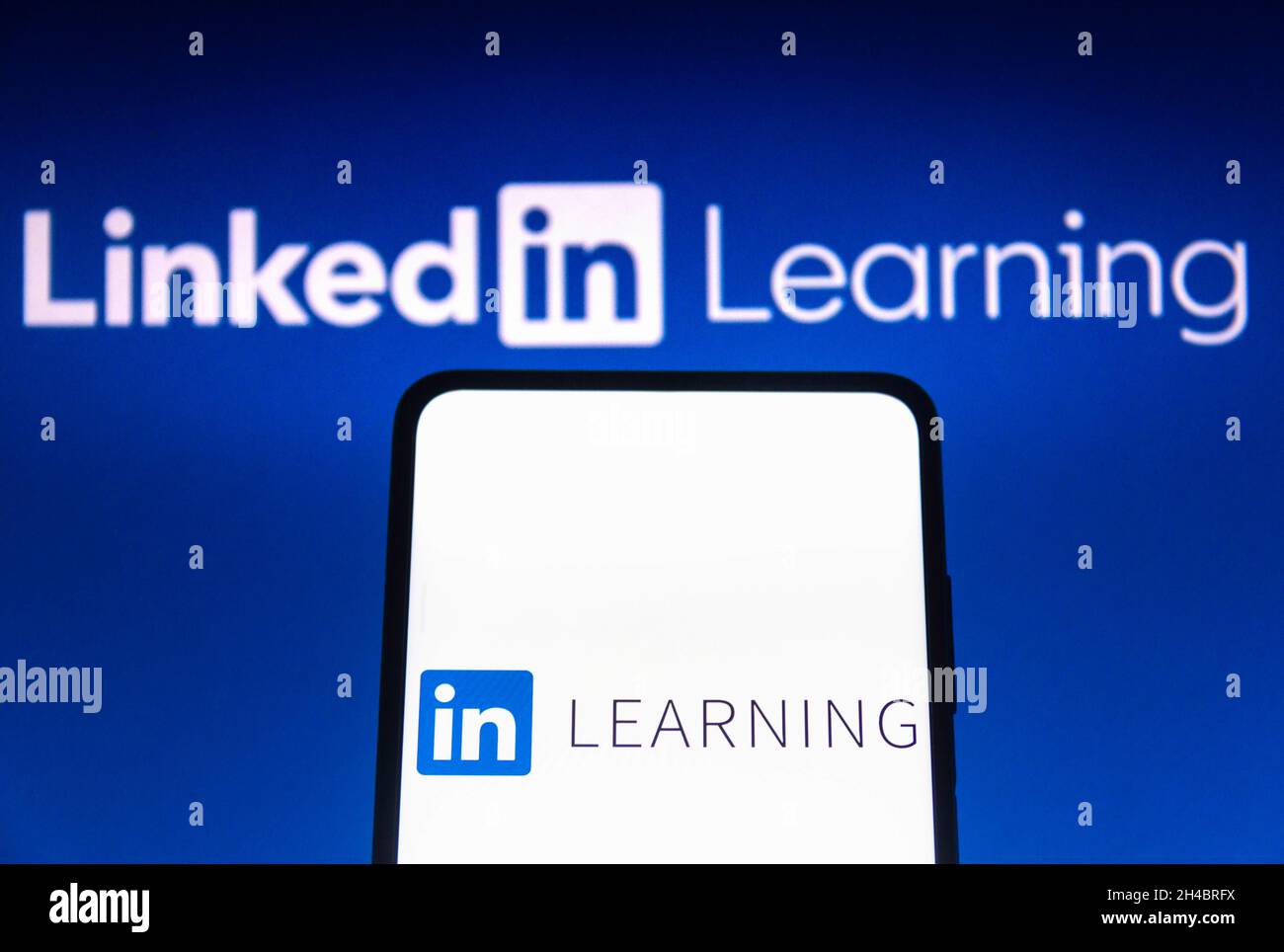 In this photo illustration the LinkedIn Learning logo seen displayed on ...