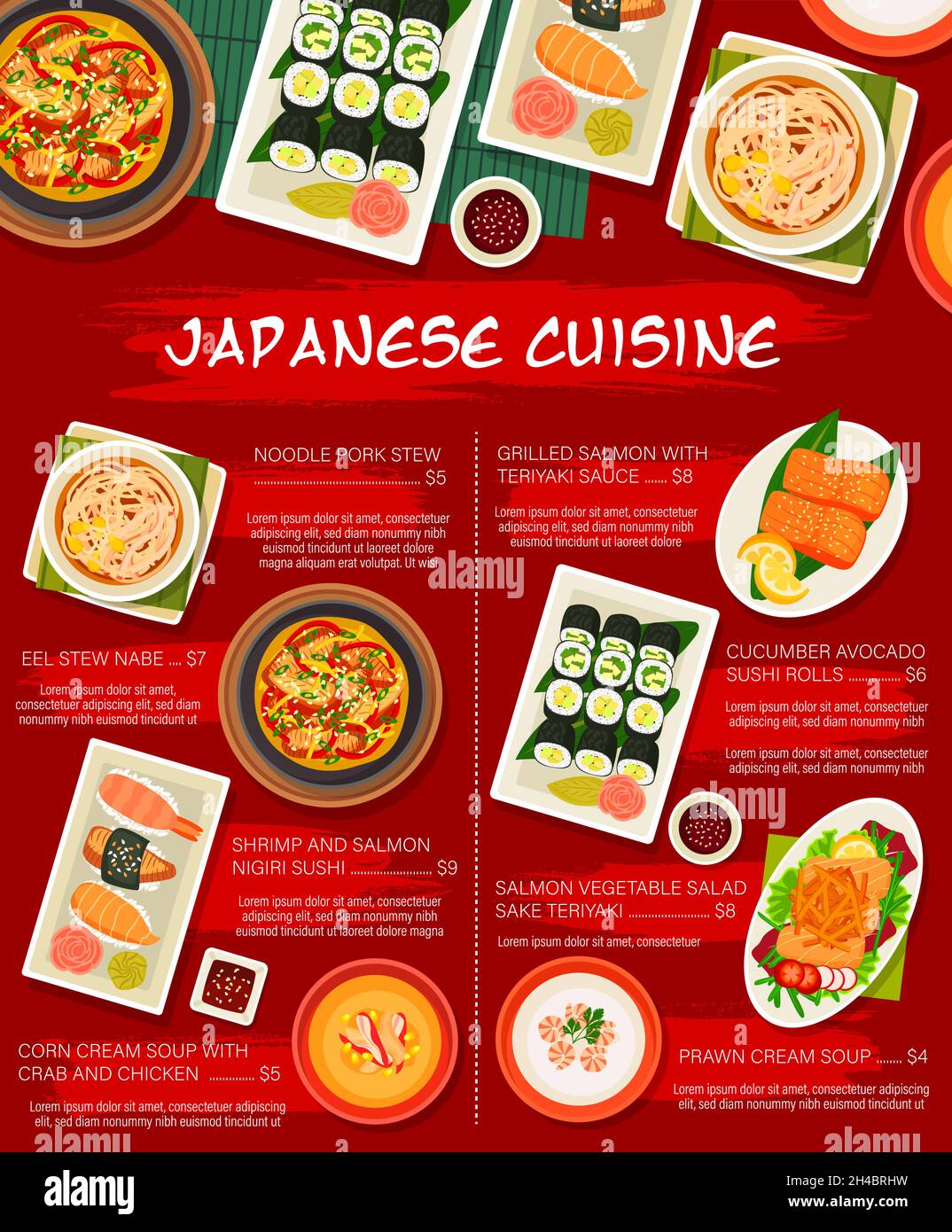 Japanese cuisine vector menu template grilled salmon with teriyaki ...