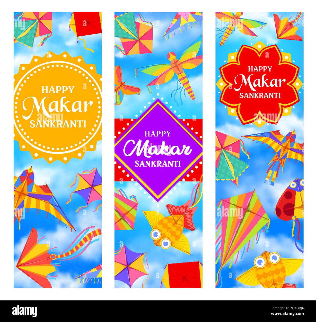 Indian Makar Sankranti holiday vector banners with cartoon kites in ...