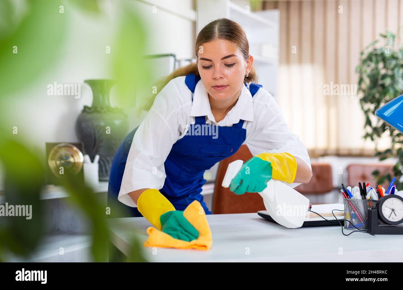 Portrait of a young female worker cleaning an office desk Stock Photo ...