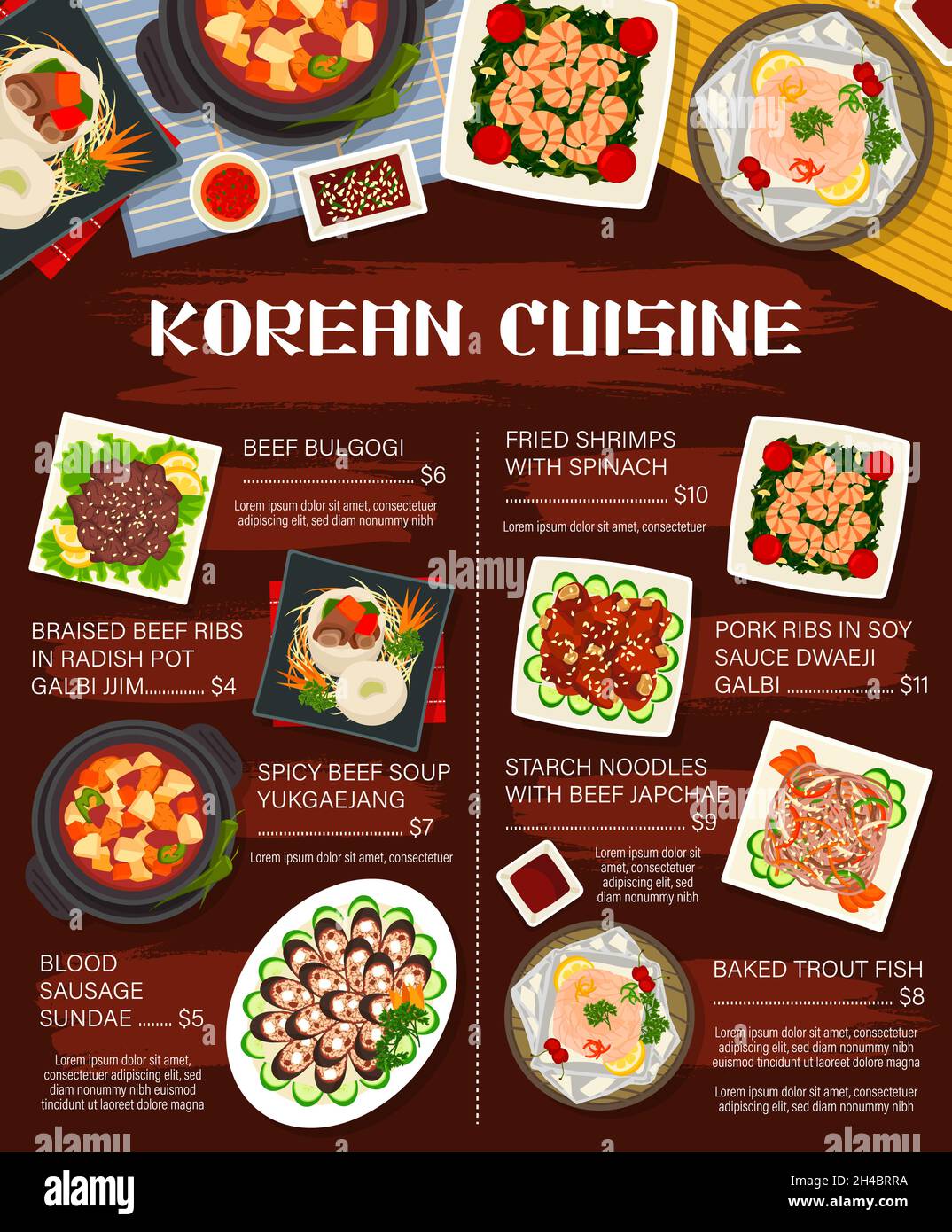 Korean cuisine vector menu template pork ribs in soy sauce dwaeji galbi ...