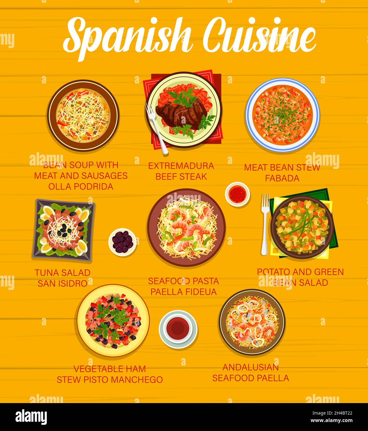 Spanish cuisine vector menu with restaurant dishes of seafood rice ...