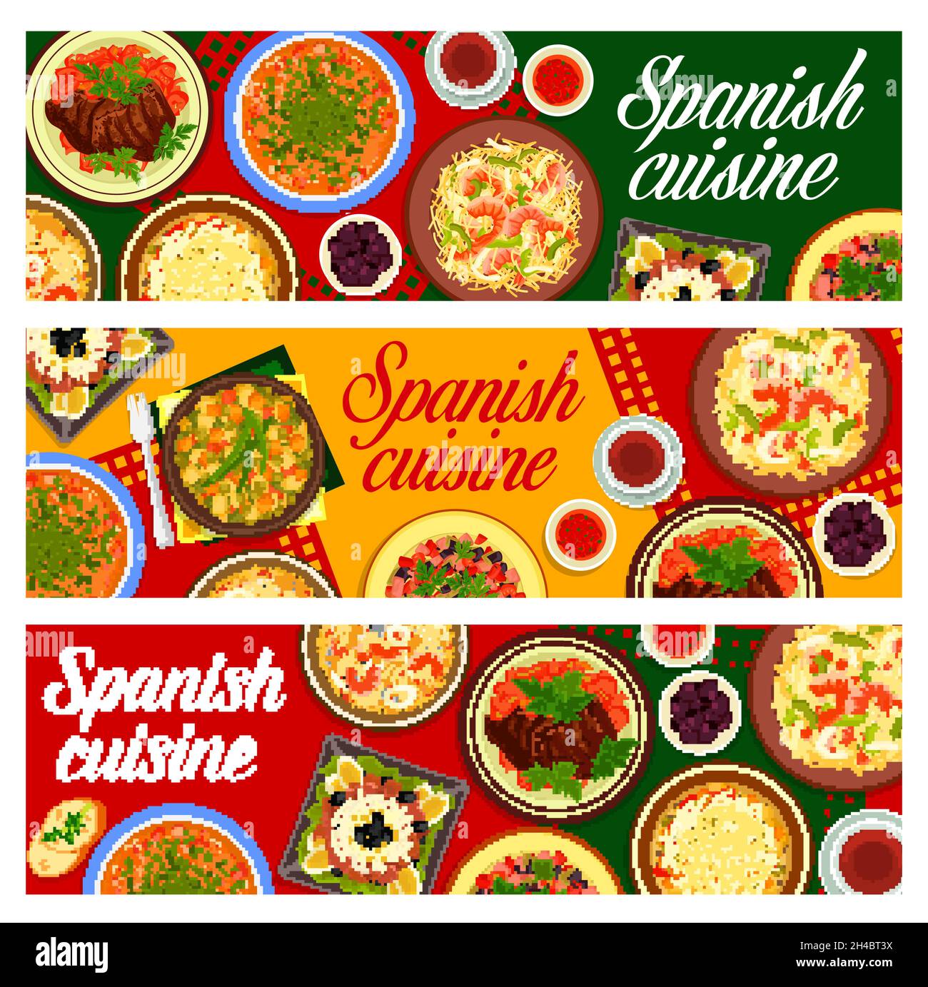 Spanish cuisine banners of seafood paella with rice and pasta ...