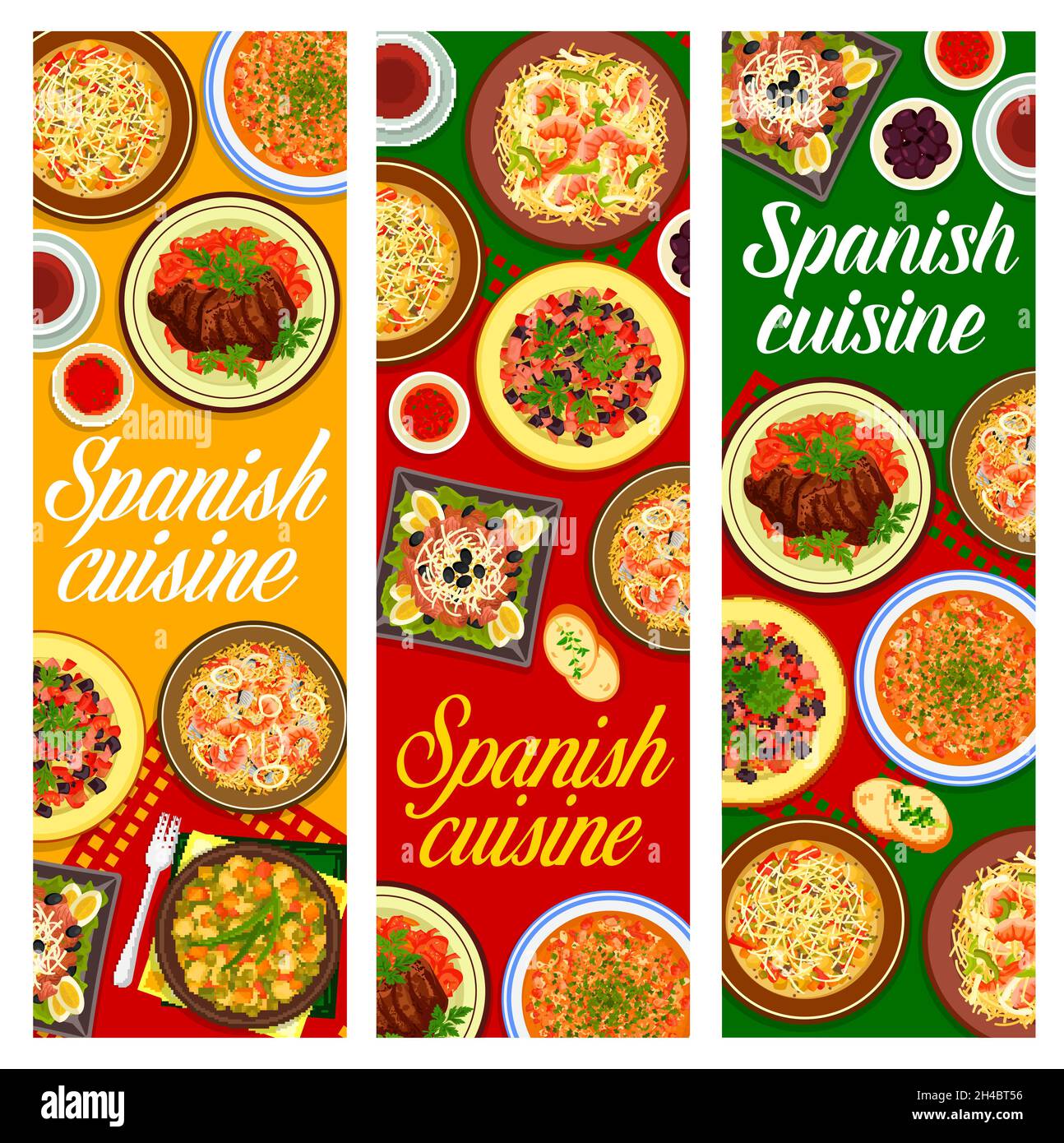 Spanish cuisine food vector banners with dishes of seafood, meat ...