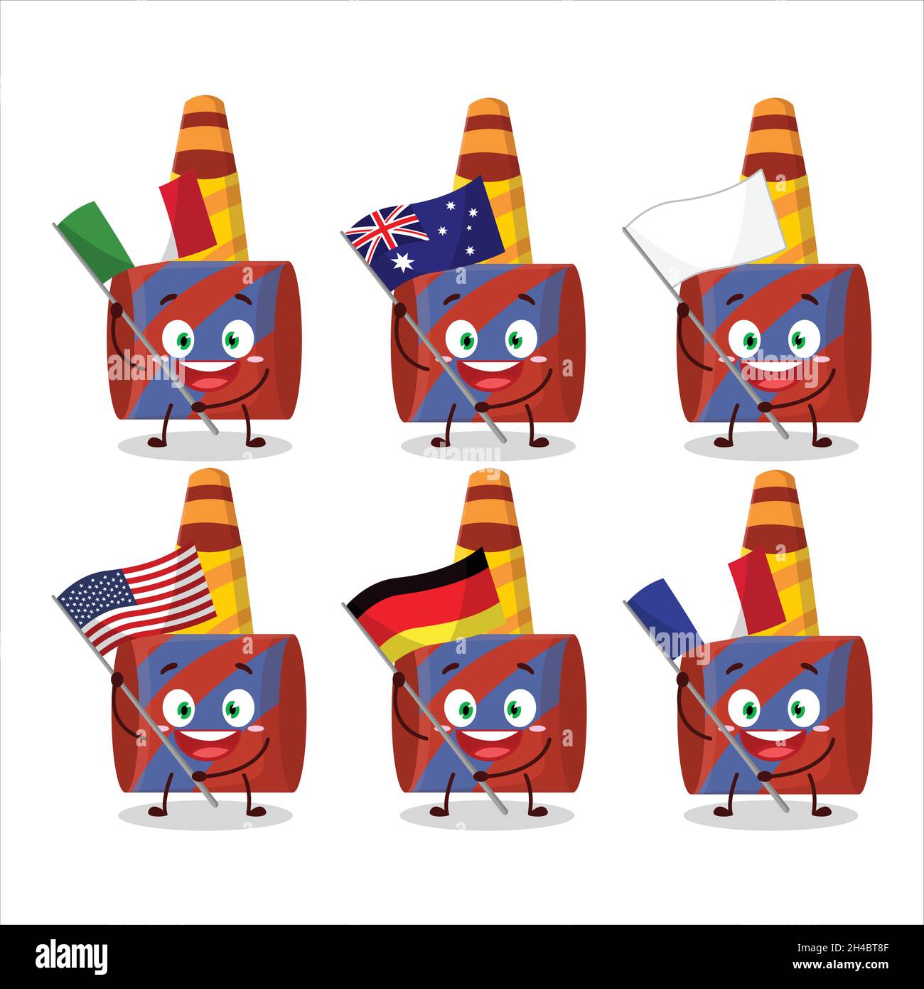 Red party blower cartoon character bring the flags of various countries ...