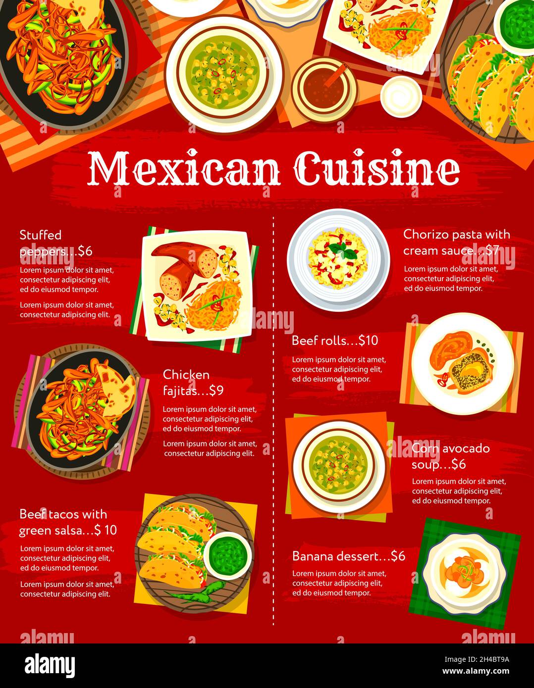 Mexican cuisine food menu with vector vegetable and meat dishes. Tacos ...