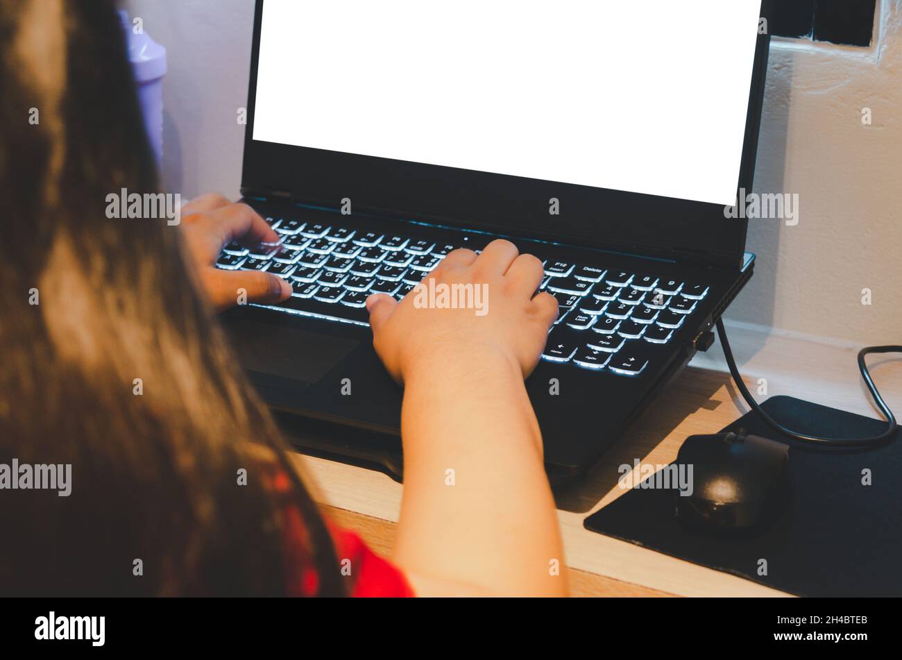 Business woman hand typing computer blank screen mock up at desk Stock ...