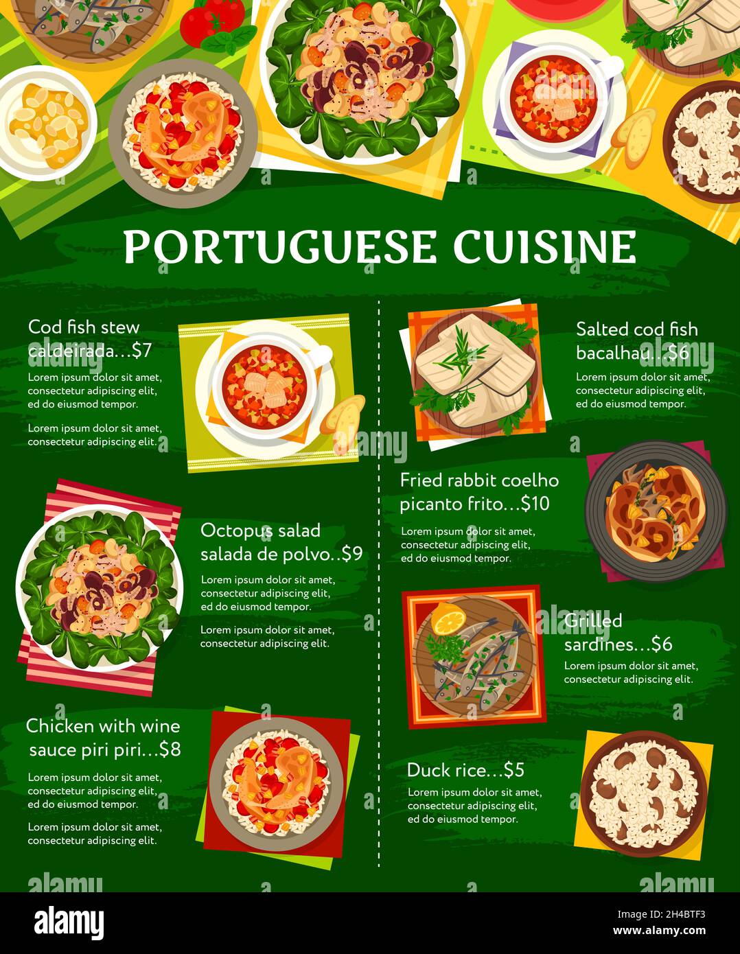 Portuguese cuisine restaurant dishes menu. Stew Caldeirada, salted cod ...