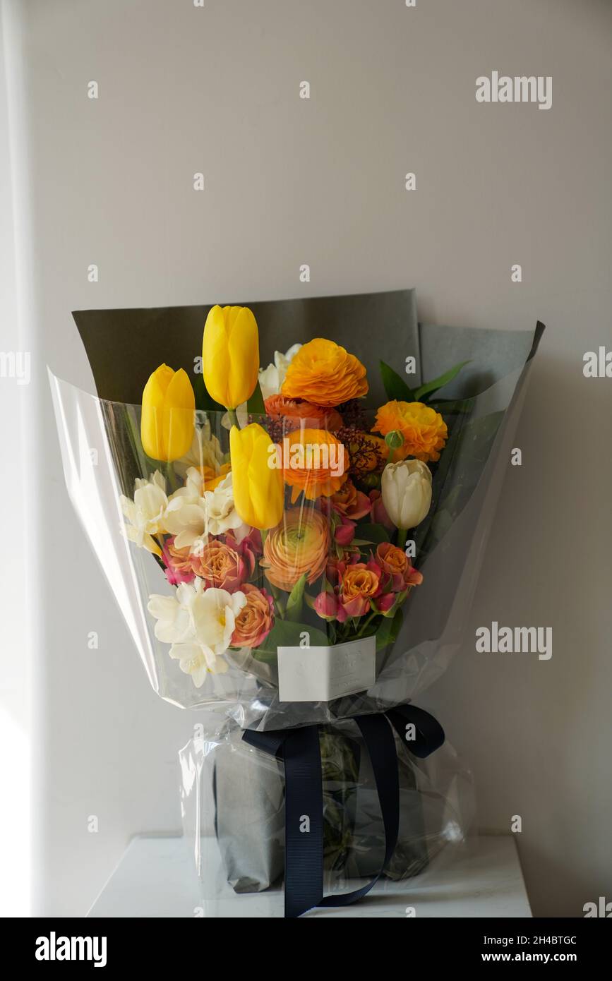 Creative layout of flowers and leaves. The concept of nature. A card ...